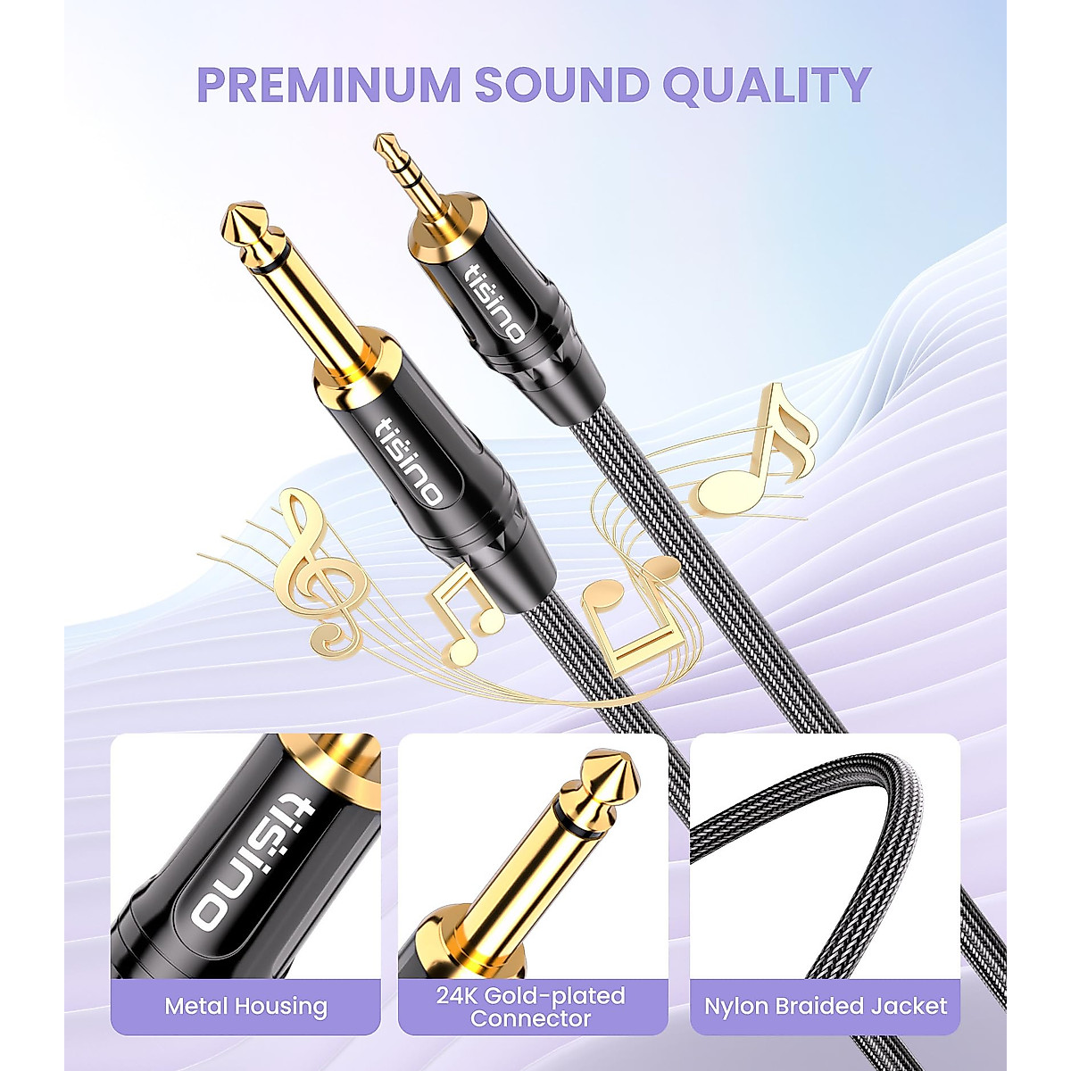 tisino 1/4 Mono to 1/8 Stereo Cable, 3.5mm TRS Stereo to 1/4 inch TS Mono Interconnect Cable (Mono to Stereo Adapter) - 10 feet