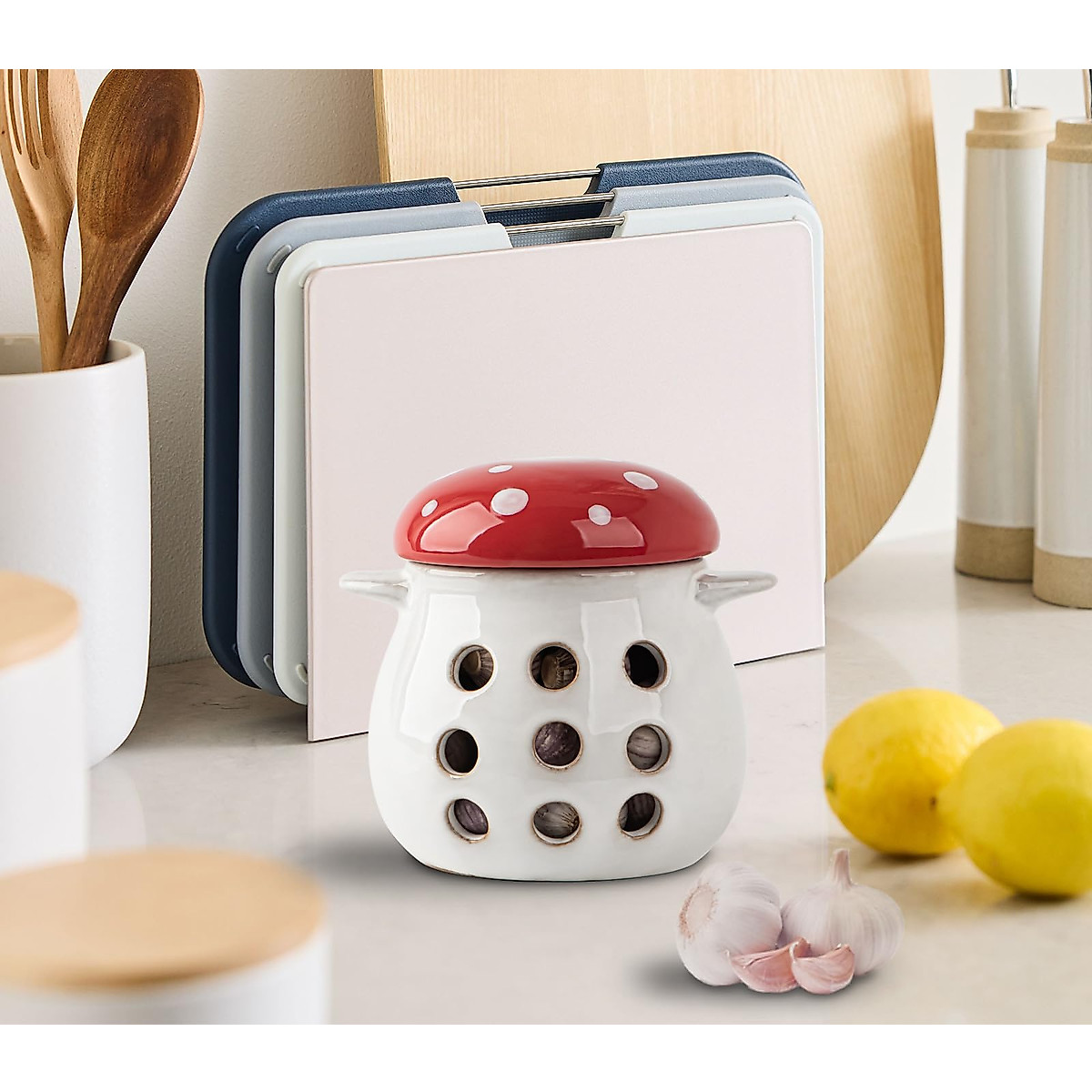 dgudgu Mushroom Garlic Keeper With Ceramic Container for Counter - Red Garlic Holder and Saver