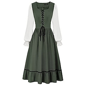 Renaissance Faire Costume Women Long Sleeve Midi Dress Modest Dress A Line Ruffle Medieval Dress Green L