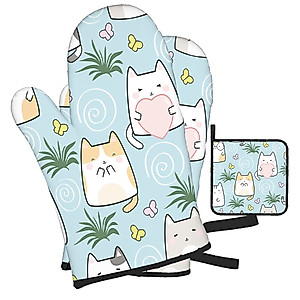 Mxocom Cute Cats Butterfly Oven Mitts and Pot Holders Sets of 3 BBQ Gloves for Kitchen,Cooking,Baking,Grilling Resistant Hot Pads for Women
