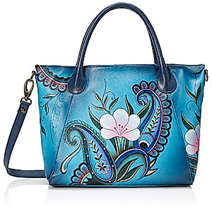 Anna by Anuschka Women's Genuine Leather Large Slouch Tote Bag | Hand Painted Original Artwork | Denim Paisley Floral