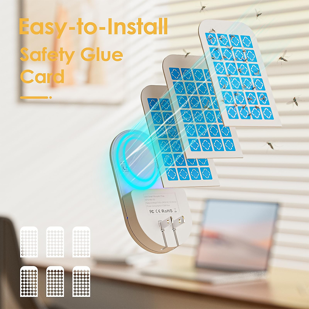 TIENBE Flying Insect Trap, 2 in 1 Indoor Plug-in Fruit Fly Trap, 1 Trap White and 6 Glue Cards, Fruit Fly Traps for Gnat, Moth, Mosquito, Suitable for Every Part of The Home