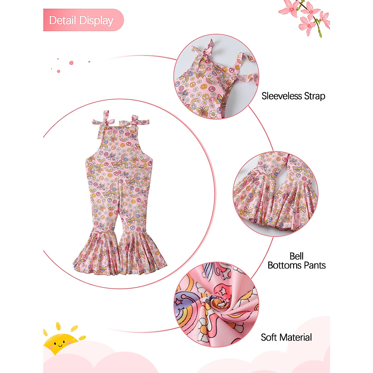 Toddler Baby Girl Romper Kids Clothes One Piece Floral Sleeveless Strap Jumpsuit Suspender Bell Bottoms Pants Summer(Pink Rainbow, 5-6 T)