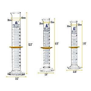 EISCO Premium Graduated Cylinder Set - 50mL, 100mL & 250mL - ASTM, Class A - Protective Collars, Hexagonal Base - Blue Graduations - Borosilicate 3.3 Glass