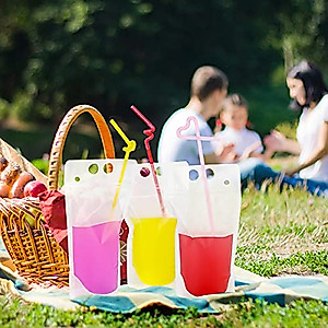 50 PCS Stand-Up Plastic Drink Pouches Bags with 50 Drink Straws, Heavy Duty Hand-Held Translucent Reclosable Ice Drink Pouches Bag, Non-Toxic, for Smoothie, Cold & Hot Drinks