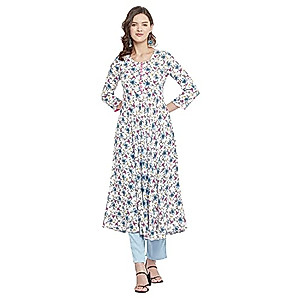 Tissu Women's Rayon White & Blue Floral Printed A-Line Kurta 2134_White_5XL