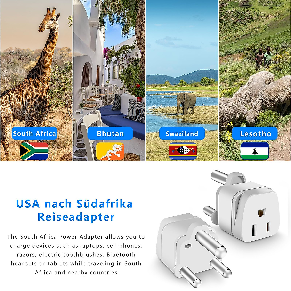 South Africa Travel Plug Adapter,South Africa Plug Adapter 3 Prong Safe Grounded USA to Any Type M for Country Such as Botswana,Nepal Pakistan,Namibia and More,White 2 Pack