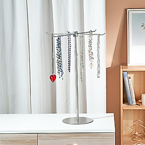 bjewego Rotating Keychain Display Stand - Height-adjustable Brushed Silver Metal Jewelry Organizer - Long Necklace Display Stand with 6 Hook - Scratch-resistant Display Racks for Craft Shows