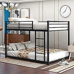 Metal Bunk Bed with Ladder, Full Over Full Low Bunk Bed with Safety Guard Rails for Kids Teens Adults No Box Spring Required, Black