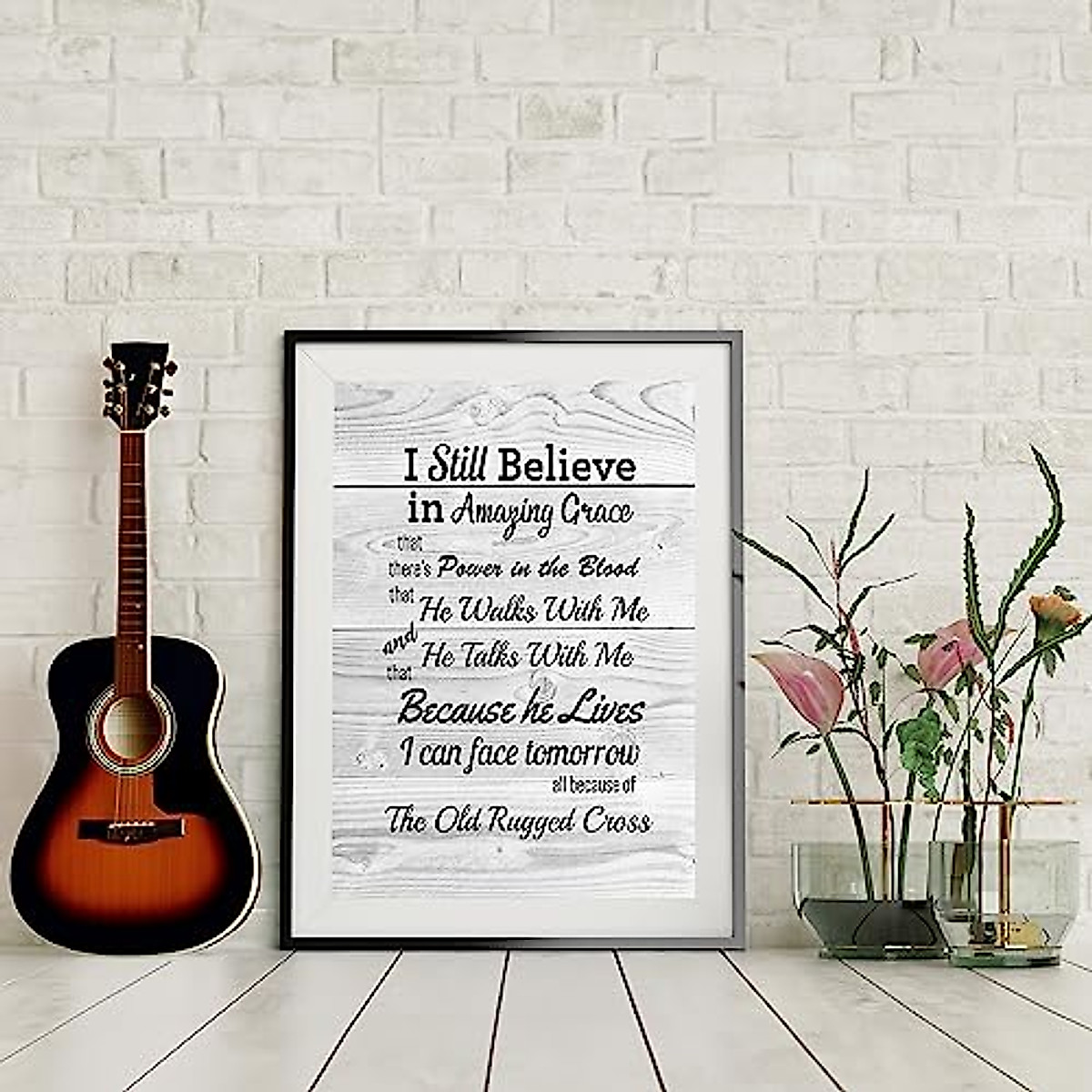 Still Believe, Amazing Grace, Old Rugged Cross - Christian Hymns Wall Art w/Distressed Wood Design, Church Song Lyric Wall Decor Print For Home Decor, Office Decor, Cabin, Lake House, Unframed - 8x10