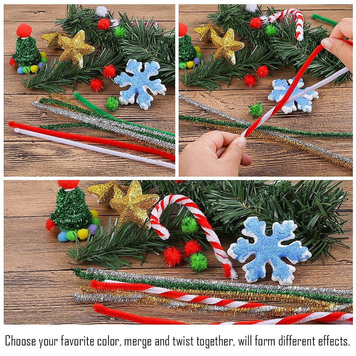 Caydo Christmas Pipe Cleaners Set, Including 120PCS Christmas Pipe Cleaners, 6 Sizes Pom Poms and 4 Sizes Wiggle Eyes for Kids DIY Arts & Crafts Projects and Christmas Decorations