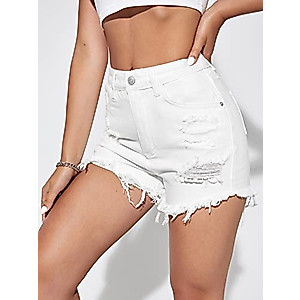 WDIRARA Women's Mid Rise Raw Hem Distressed Ripped Casual Denim Shorts Snow White M