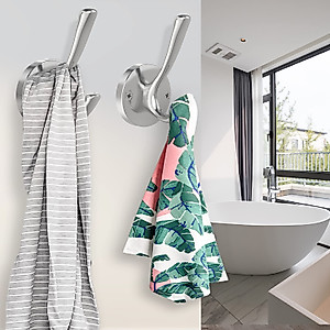 TOFIIGREM Brushed Nickel Wall Hooks Towel Hooks, 2 Pack Coat Robe Hook Heavy Duty Bathroom Double Hook Wall Mounted, Hand Towel Hooks for Closet Entryway Cubicle Kitchen