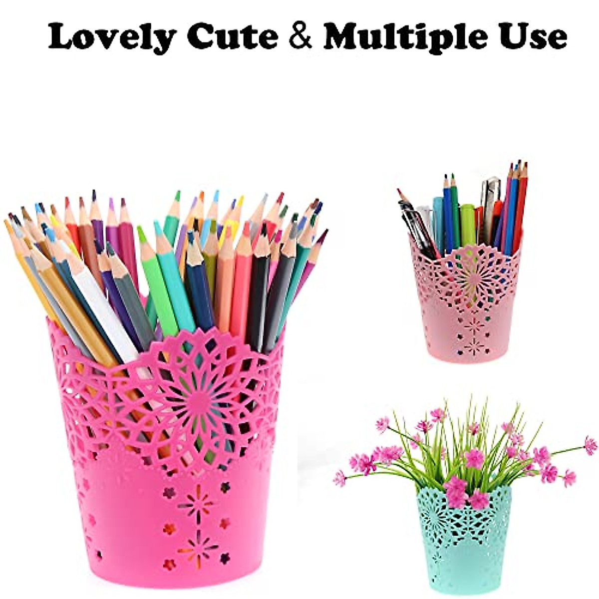 AOKIVIGOA 8pcs Set Pencil Holder Cup Lovely Cute Plastic Hollow Flower Pencil Pots for Office School and Home Pen Ruler Stationery Makeup Brush Storage Organizer with Sticky Notes (Multicoloured)