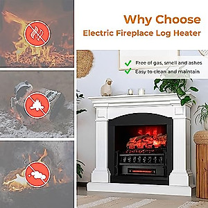 COSTWAY Eternal Flame Electric Fireplace Log, 20-inch Fireplace Insert Log Heater with Realistic Birchwood Ember Bed, Adjustable Temperature, 1500W Infrared Electric Fireplace for Home Decor, Black