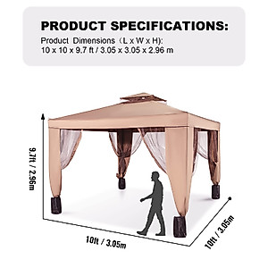 Happybuy Outdoor Canopy Gazebo Tent, Portable Canopy Shelter with 10'x10' Large Shade Space for Party, Backyard, Patio Lawn and Garden, 4 Sandbags, and Netting Included, Brown