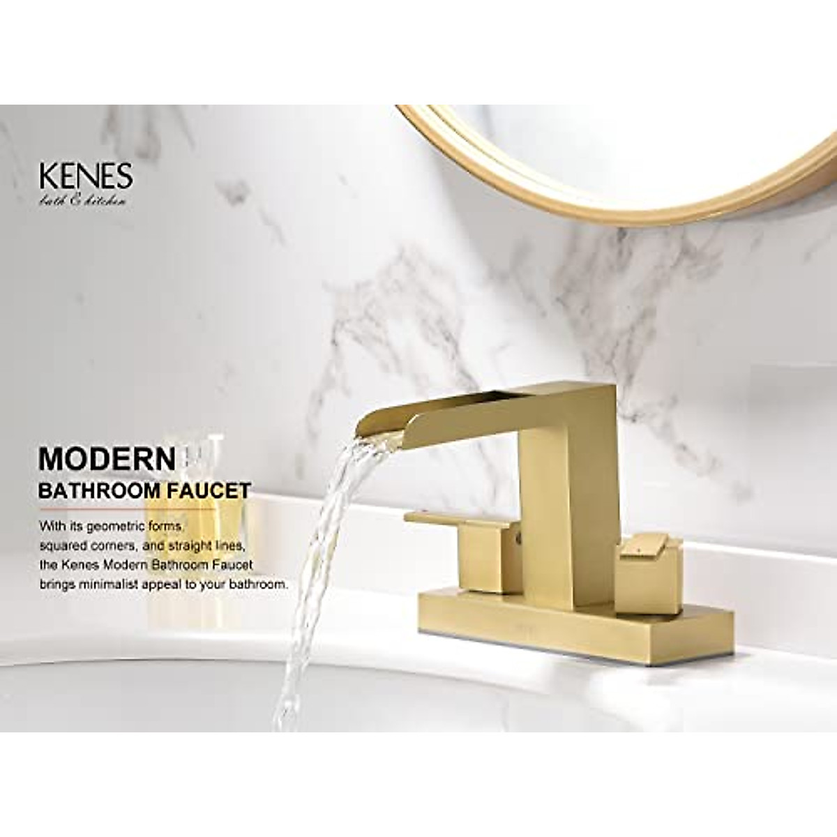 KENES Brushed Gold Waterfall Bathroom Faucet 3 Hole Gold 4 Inch 2 Handle Centerset Bathroom Sink Faucet Modern Bathroom Vanity Faucet with Supply Lines, KE-9053-4