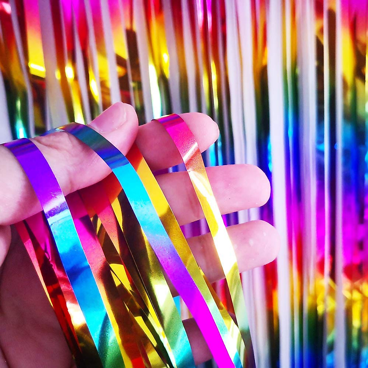 Sparkly Rainbow Foil Fringe Curtain Metallic Streamers Tinsel Party Backdrop Decorations for Birthday Gay Pride Day Graduation Wedding Engagement Bridal Shower Bachelorette Photo Booth Props - 2 Packs