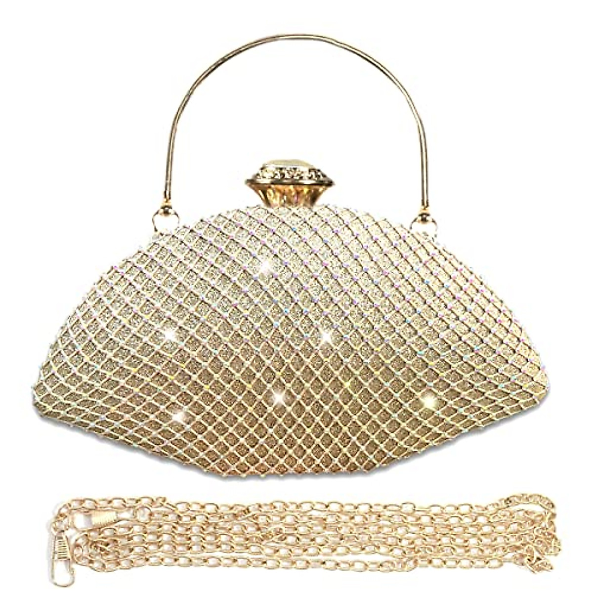 JIYIFOUHY Rhinestone Gold Clutch Purses for Women, Sparkly Rhinestone Evening Bag Bling Handbag Shoulder Bag with Detachable Chain Strap Handle for Wedding Party Prom