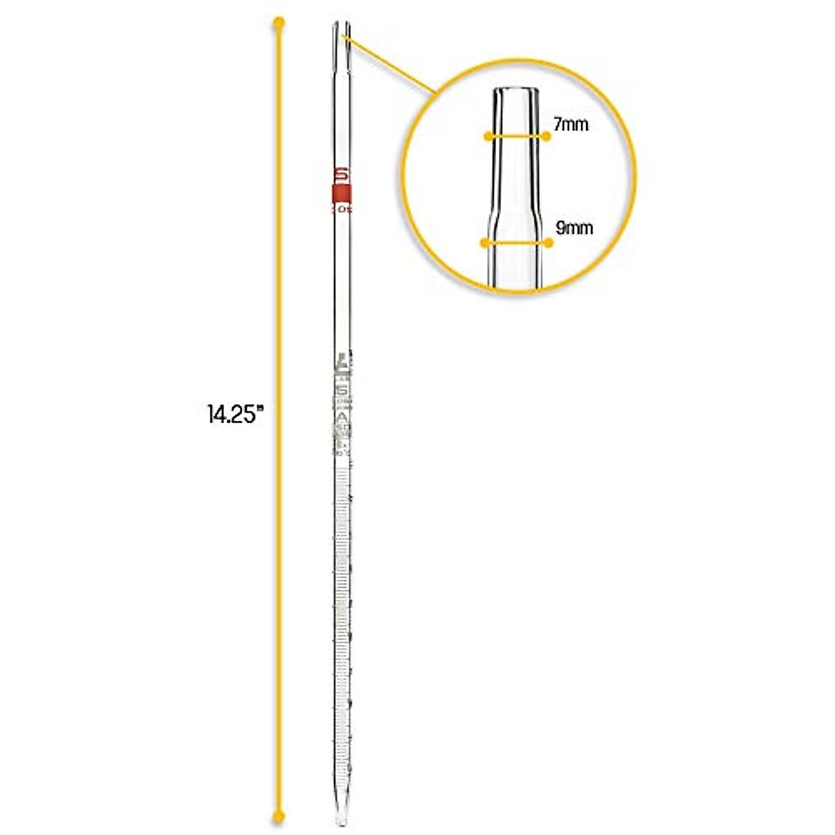EISCO Serological Pipette, 5ml - Class A, Tolerance ±0.030ml - White Graduations - Color Code, Red - Calibrated for Delivery to Jet - Borosilicate Glass