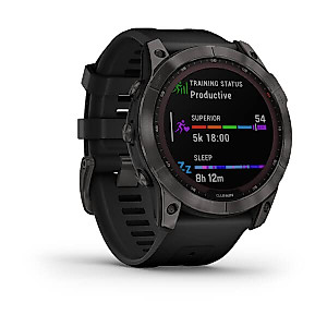 Garmin Fenix 7X Sapphire Solar Edition Smart Watch Carbon Gray Titanium with Black Band (51mm) + Watch Charging Stand + USB Car/Wall Adapter + 6TH AVE Cleaning Kit + Sweat Workout Towel (010-02541-10)
