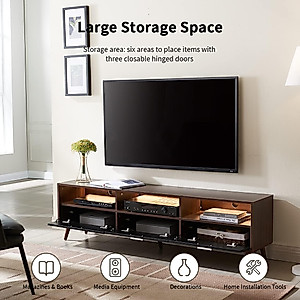 LED TV Cabinet TV Stand, 63 inch Media Console with LED Light, Entertainment Center, for TV up to 70 inch, Storage Cabinet TV Console for Living Room, Walnut Color