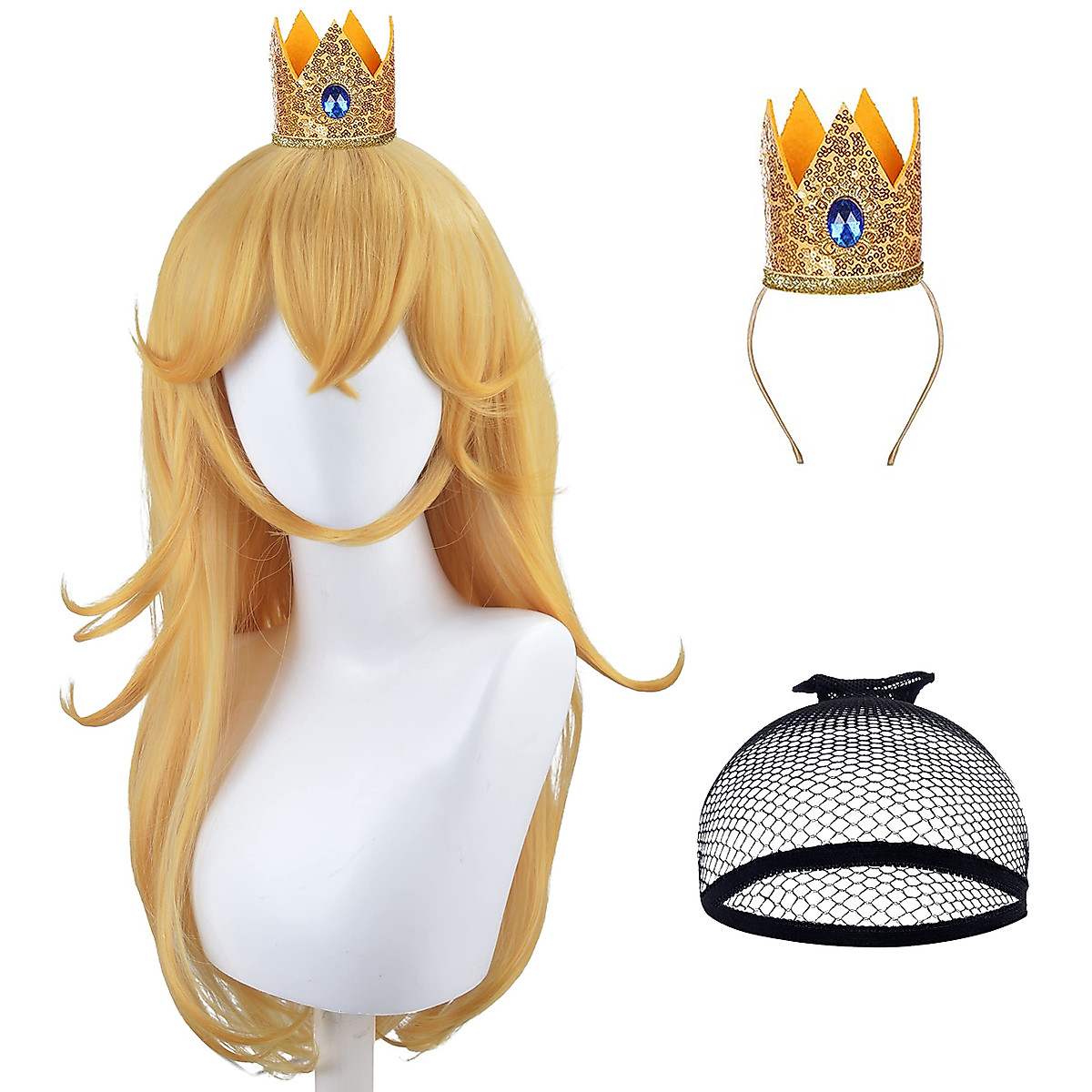 LALASAM Golden Princess Wig,3 Peice Set of Blonde Long Wavy Halloween Peach Cosplay Wig Costume Party Wigs with Crown,Wig Caps