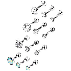 YOVORO 12Pcs 16G 316L Stainless Steel Stud Earrings for Women Cartiliage Earring Tragus Helix Piercing Created-Opal 3/4/5MM
