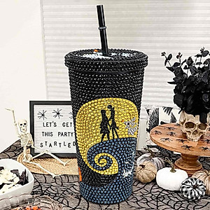 FunHues Bling Rhinestone Halloween Christmas Cup, 20oz Diamond Stainless Steel Insulated Tumbler with Lid and Straw, Glitter Halloween Xmas Coffee Water Bottle Mug