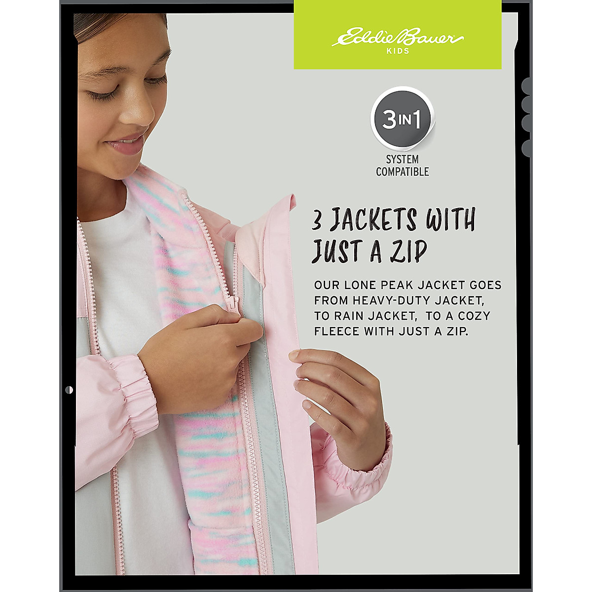 Eddie Bauer Girls' Rain Jacket - Lone Peak Waterproof 3 in 1 Insulated Windbreaker Coat with Removable Fleece Lining (5-20), Size 8, Soft Pink