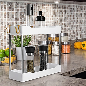 Under Sink Organizers and Storage, COCOJAM Under Kitchen Sink Organizers and Storage, 2 Tier Bathroom Cabinet Organizer with Hooks, Bathroom Storage Organizer Multi-purpose, White