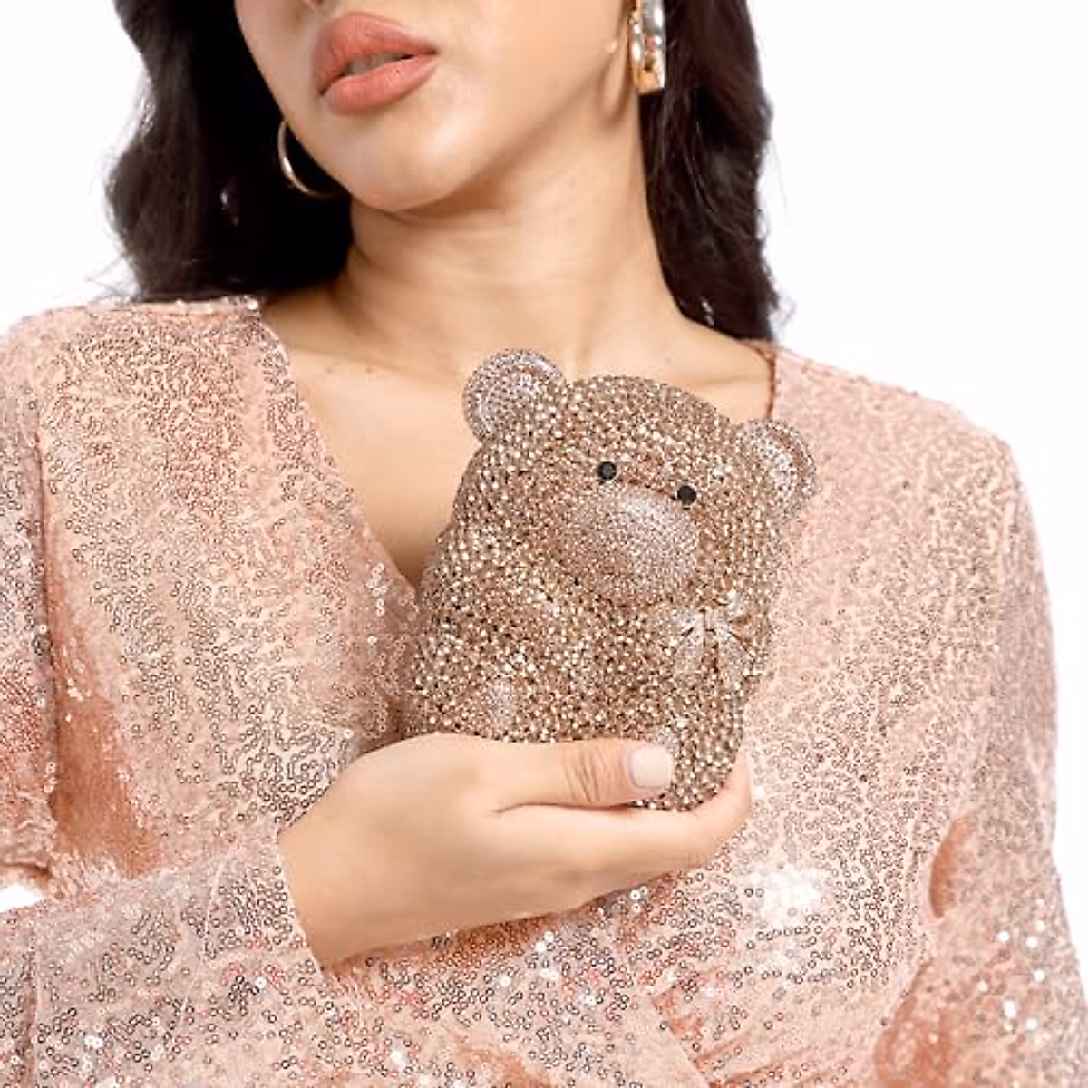 Boutique De FGG Hollow Silver Bear Evening Bag Women Crystal Clutch Purse Party Cocktail Animal Rhinestone Clutch Handbag, Mini