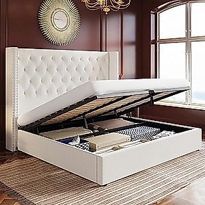 PaPaJet Lift Up Storage Bed King Size Upholstered Platform Bed Frame Button Tufted Wingback Headboard Hydraulic Lifting Storage Underneath/Wood Slats Support/Easy Assembly/Cream