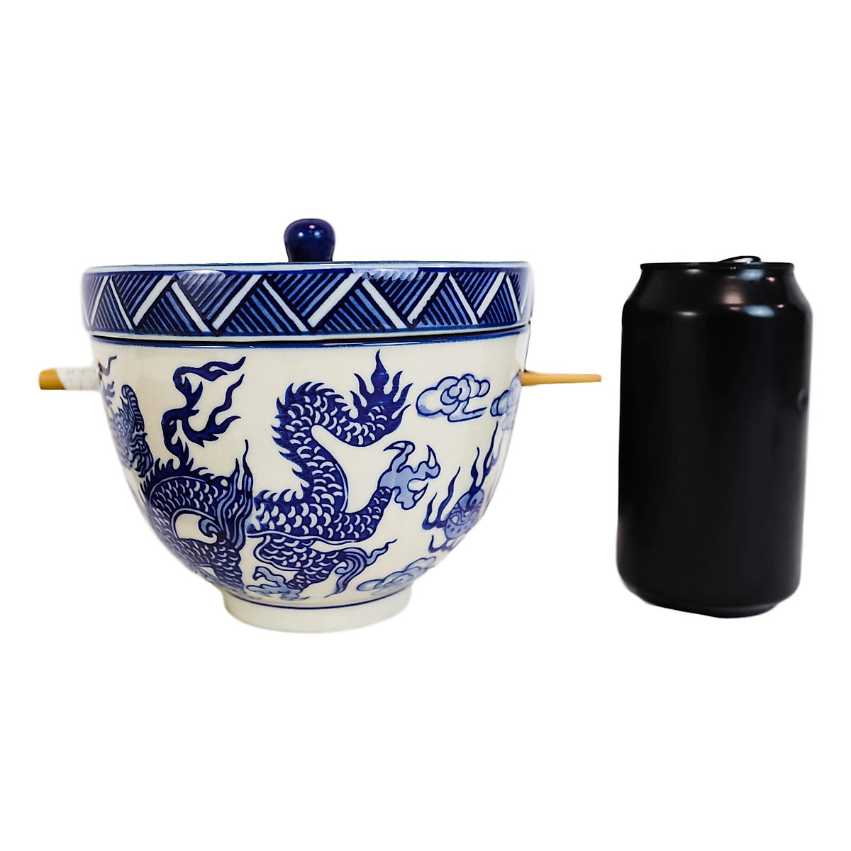 Ebros Japanese Dining Tempura Udon Noodles And Tentsuyu Dipping Sauce Large 6"D Bowl With Condiment Divider Lid And Bamboo Chopsticks And Built In Rest Set (Blue White Oriental Feng Shui Dragon King)