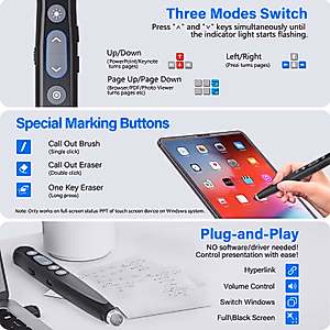 NinjaABXY Presentation Clicker with Pointer Stylus Pen for Touch Screen, Rechargeable Wireless Presenter Remote, RF USB PowerPoint Clicker, Slide Advancer with Hyperlink Volume Control for Mac PC