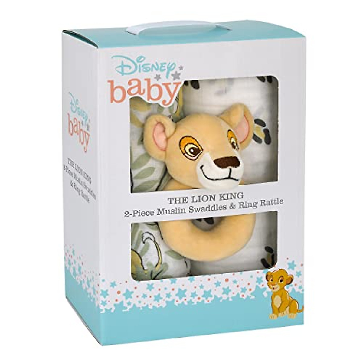 Disney Lion King Simba Yellow, Green, and White 2Pk 100% Cotton 44" x 44" Muslin Swaddles with Plush Rattle