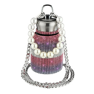 XUDREZ Diamond Thermos Bottle for Womens, Diamond Water Bottle Bling Rhinestone Stainless Steel Vacuum Flask Sparkling Refillable Insulated Thermal Bottle with Pearl Bracelet and Chain (Pink-purple)