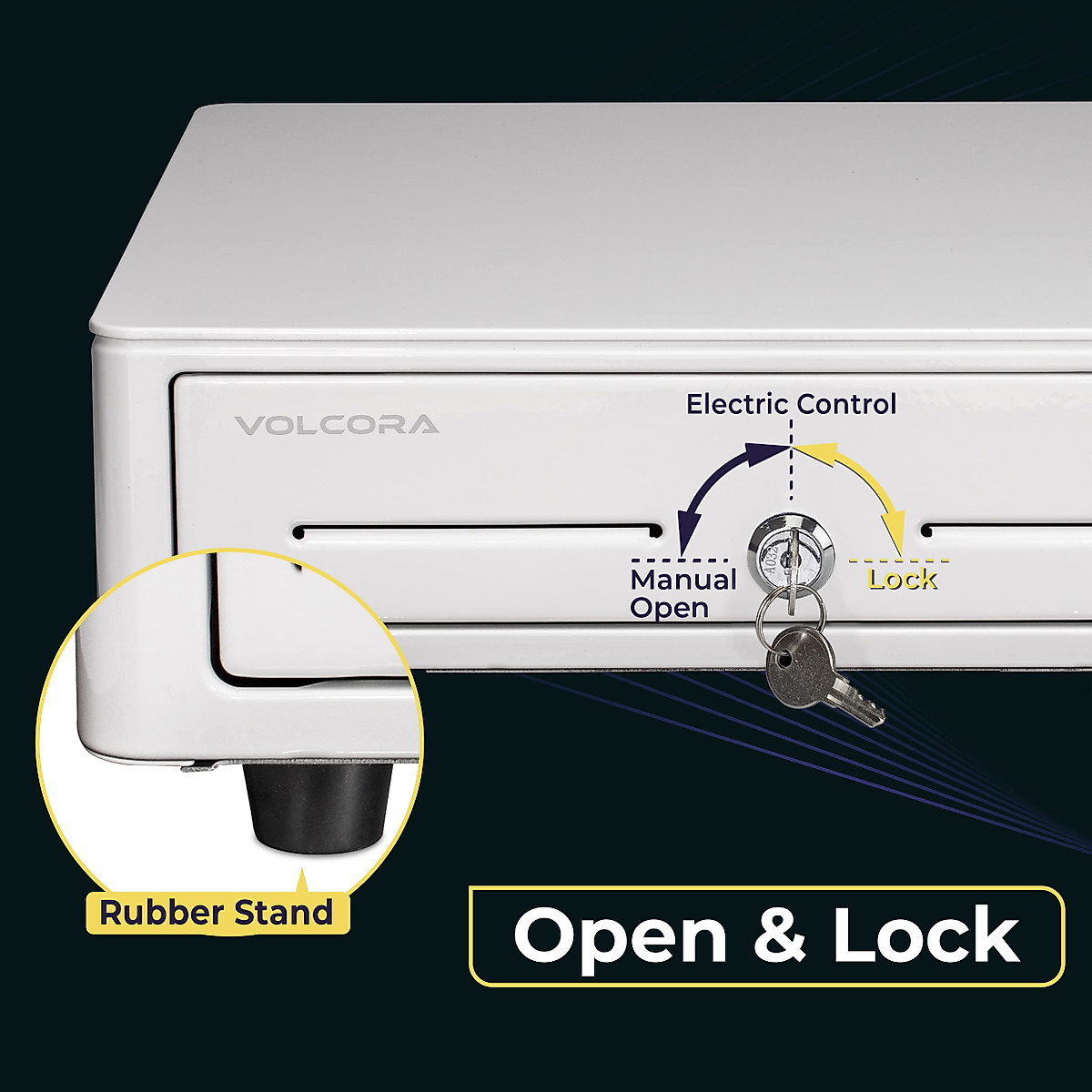 Volcora Cash Register Drawer for (POS) Point of Sale System with Round Corner 13", Removable Coin Tray, 4 Bill/5 Coin, 24V, RJ11/RJ12 Key-Lock, Media Slot,Cash Till for Businesses, White