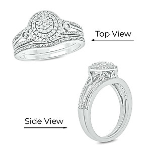 Cali Trove, 1/4cttw Diamond Round Cluster Double Halo Engagement Ring with Matching Diamond Wedding Band for Women in 925 Sterling Silver, Women's Silver Wedding Ring Set with Diamond Accented Bands,7