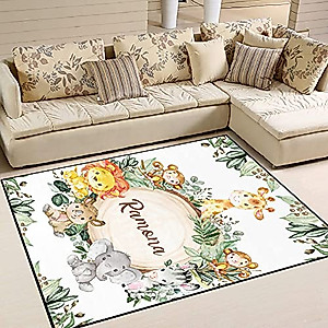 Personalized Cute Greenery Wild Jungle Safari Animals 5.2'x7.5' Non-Slip Area Rug with Name Text Custom Carpet Floor Mat for Boy Girl Teen Mom Dad Birth Christmas