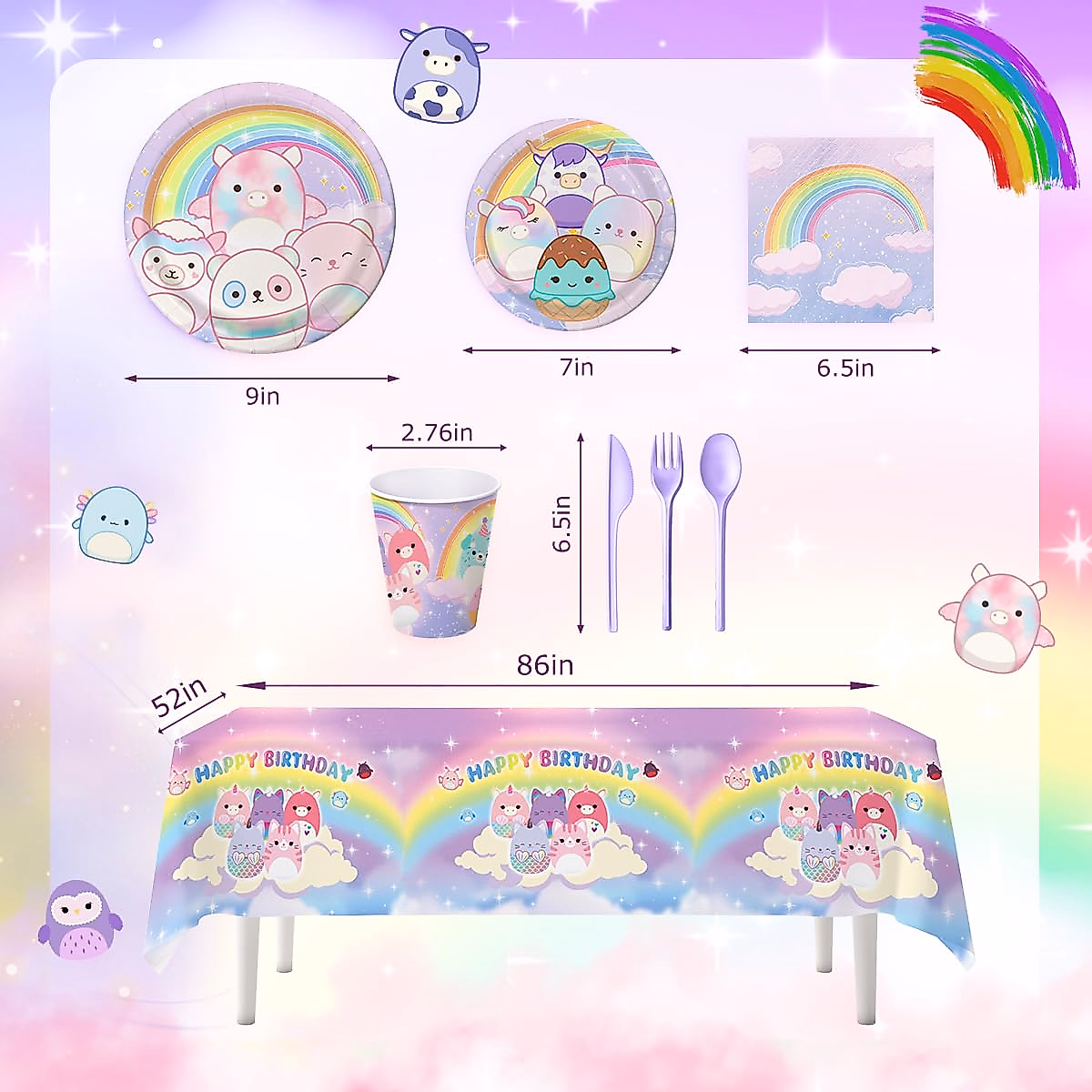 CAILESS Kawaii Squish Birthday Party Supplies, 117Pcs Cute Kitty Animal Party Decoration Include Plates Cups Napkins Cutlery Tablecloth Disposable Set Serves 16 Guests for Kids Birthday Party