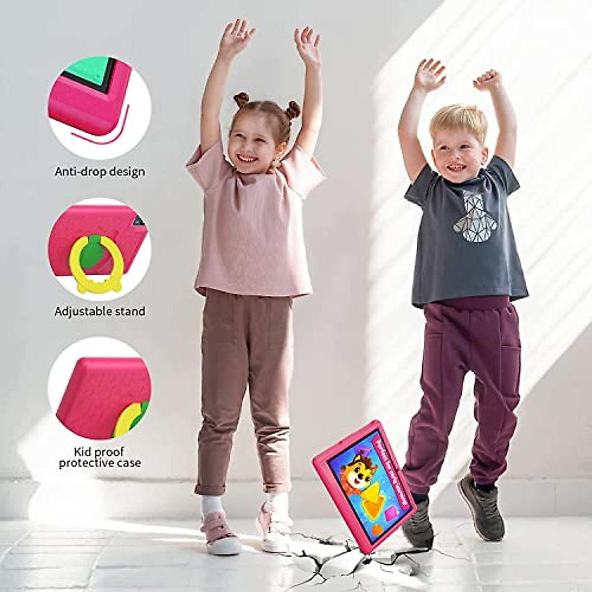 HiGrace Kids Tablet 10 inch - Android 12 Quad core Tablet for Kids (Ages 3-12), 5000mAh, 32GB ROM, Dual Camera, WiFi, Parental Control, Kid-Proof Case-Pink