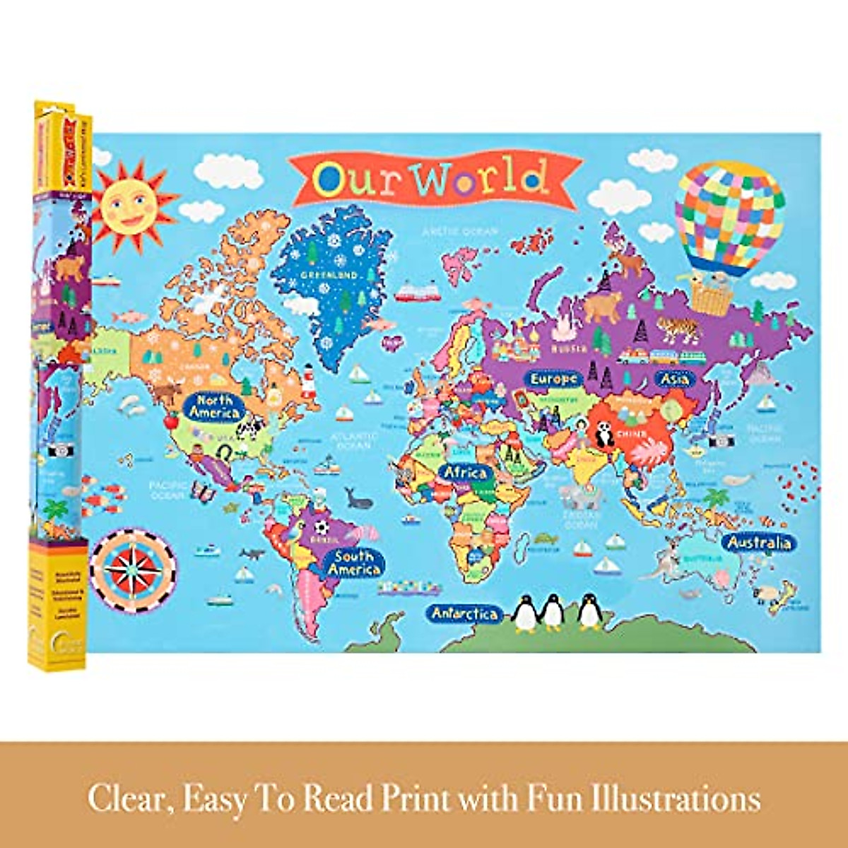 Waypoint Geographic Kids’ World Wall Map, Laminated Wall Map Poster for Kids, Informative Learning Resources, Illustrated Wall Map for Playroom and Classroom Decor, 24" x 36"