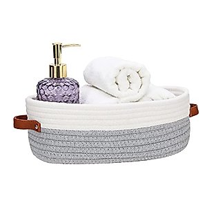 HLWDFLZ Bathroom Countertop Organizer Basket, Cotton Rope Woven Storage Basket Toilet Paper Decorative Basket for Bathroom, Bedroom, Living Room, Entryway (White/Gray)