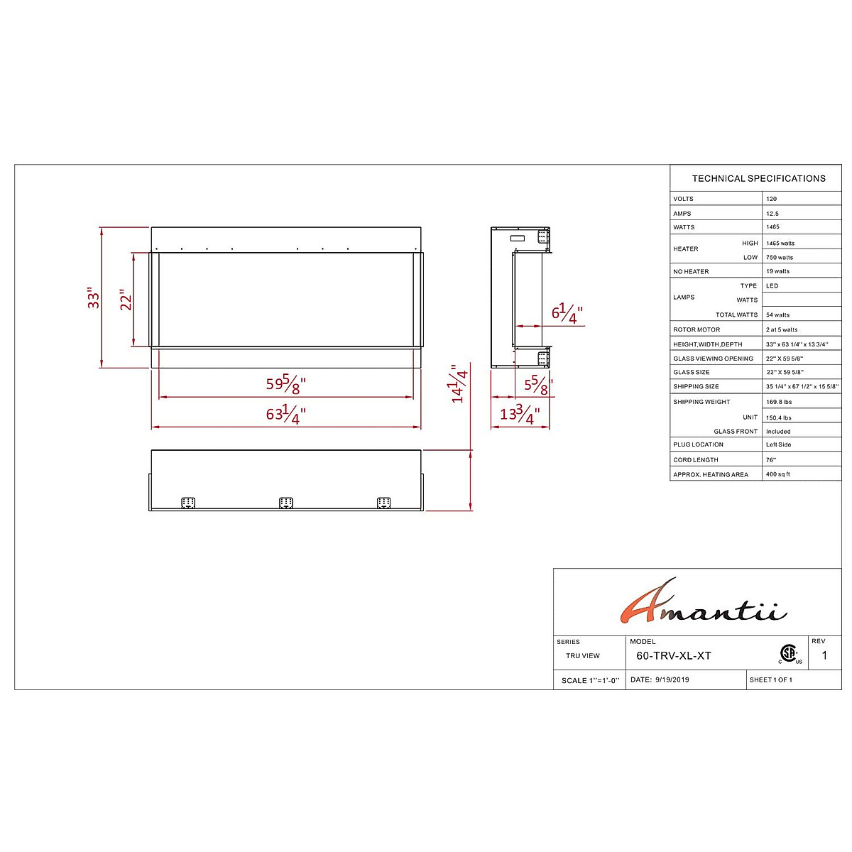 60-TRU-View-XL XT - 3 Sided Electric Fireplace 60 Inch, 3-Sided Glass Fireplace Heater w/Remote Control & 8H Timer, Thermostat, Black, Adjustable Brightness, Realistic Flame Effects