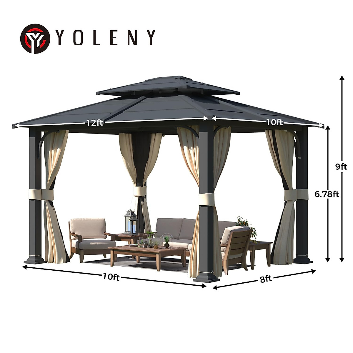 YOLENY 10'x12' Gazebo with Galvanized Steel Roof, Hardtop Double Roof with Anti-Rust Coating, Outdoor Gazebos with Curtains and Netting, Sunshade for Gardens, Lawns, Deck