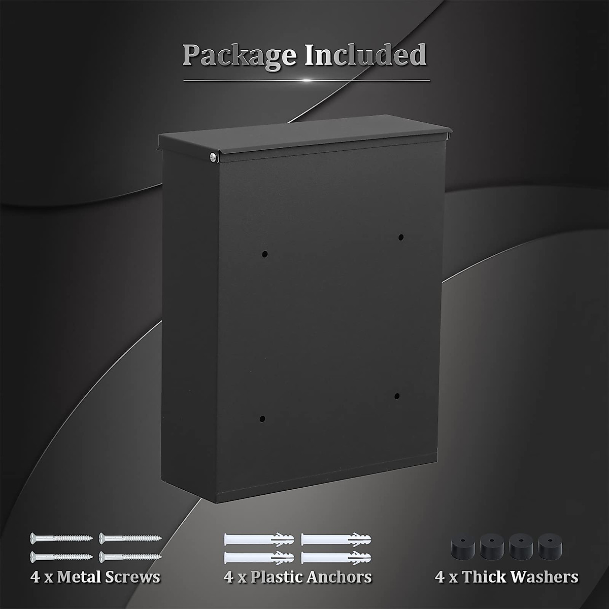 Dalmbox Locking Mailbox Wall Mount, Wall Mounted Mailbox with Key Lock, Large Drop Box with Galvanized Steel Cover, Rust-Proof Metal Post Box, Black, 10.2” x 3.7” x 12.6”