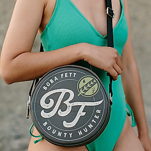 Star Wars Bag, Cross Body, Round, The Book of Boba Fett Bounty Hunter and Mythosaur, Grays, Vegan Leather