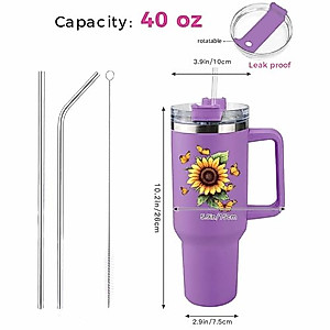 LB LEOBON 40 ounce insulated cup with handle, double-layer vacuum stainless steel material, equipped with straw, can keep warm or maintain cold drinks Spring Flowers Deep purple