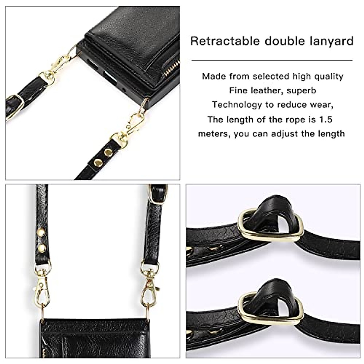 XINTIN iPhone 13 Pro Max Crossbody Case with Card Holder, Shockproof Protective iPhone case with Magnetic Flip Folio Wallet, PU Leather Zipper Coin Purse with Adjustable Lanyard Strap (Black)